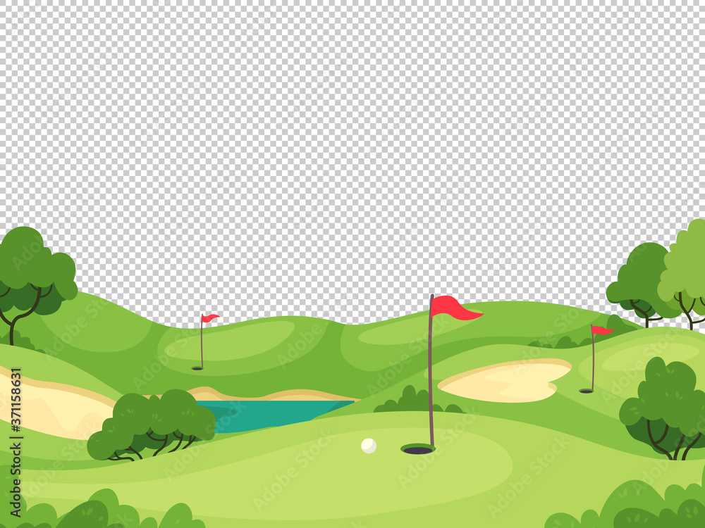 Golf background. Green golf course with hole and red flags for ...