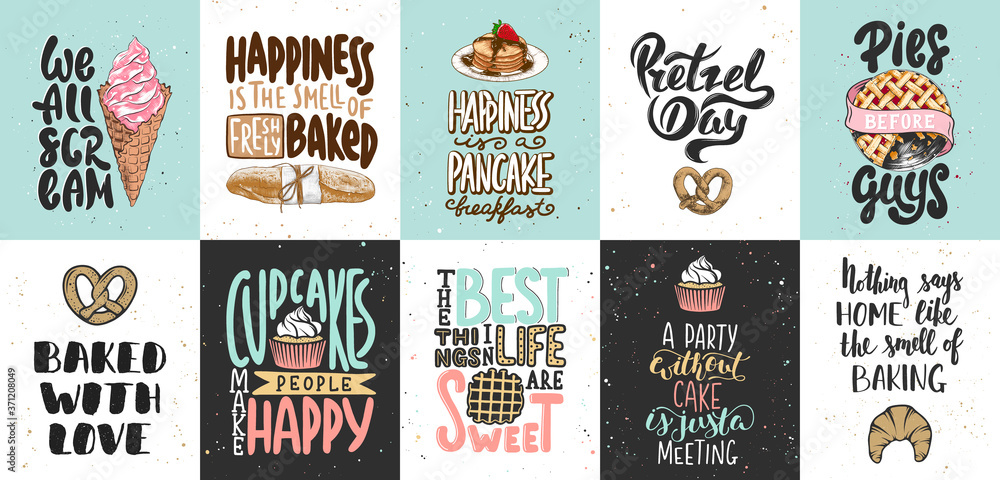 Set of bakery and sweet food, desserts lettering posters, greeting ...