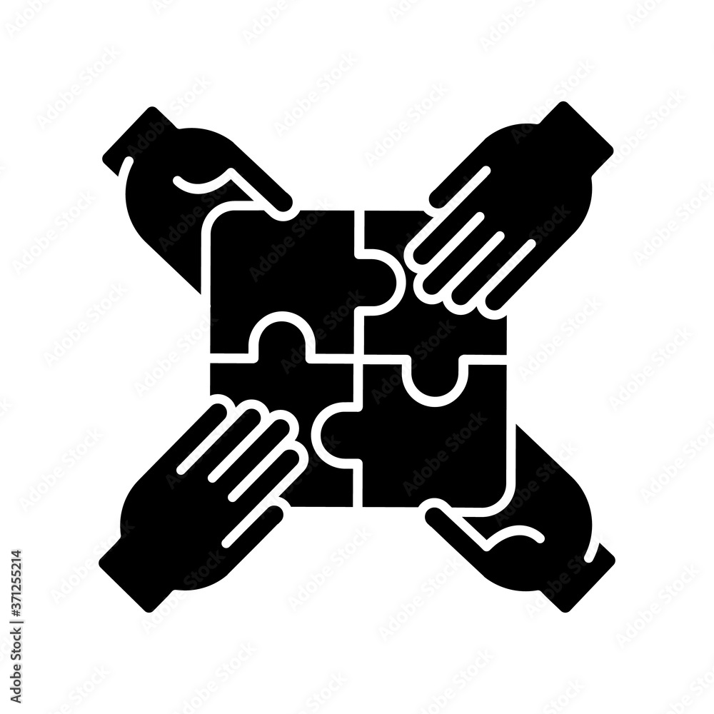 Teamwork building black glyph icon. Teamwork skills development, togetherness silhouette symbol ...