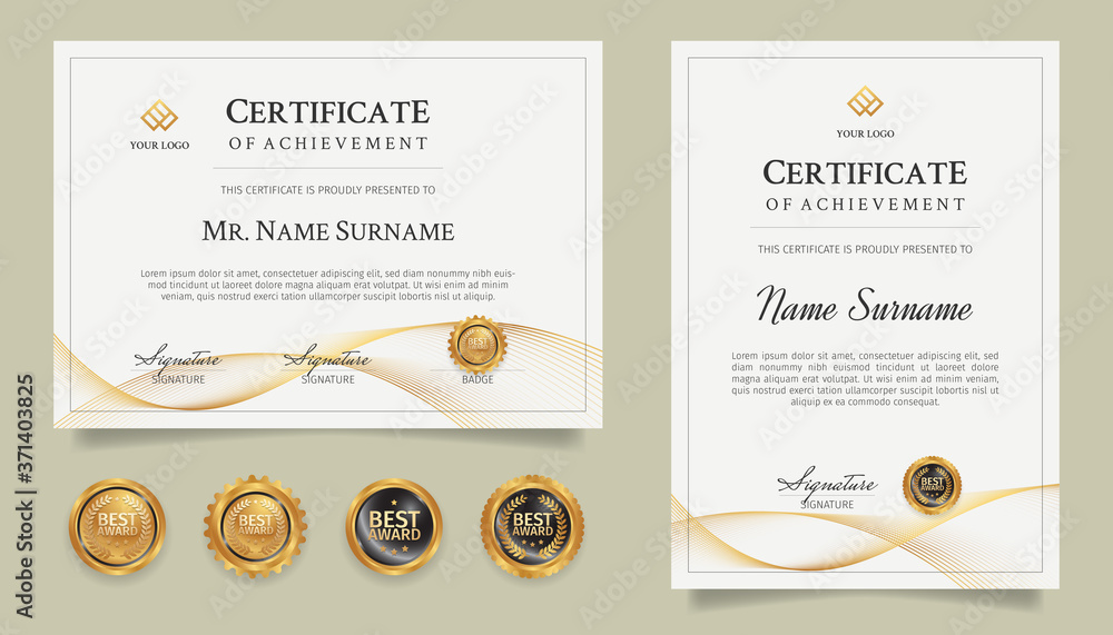 Certificate of award border template with gold line art and badges ...
