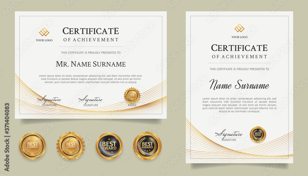 Certificate of award border template with gold line art and badges ...