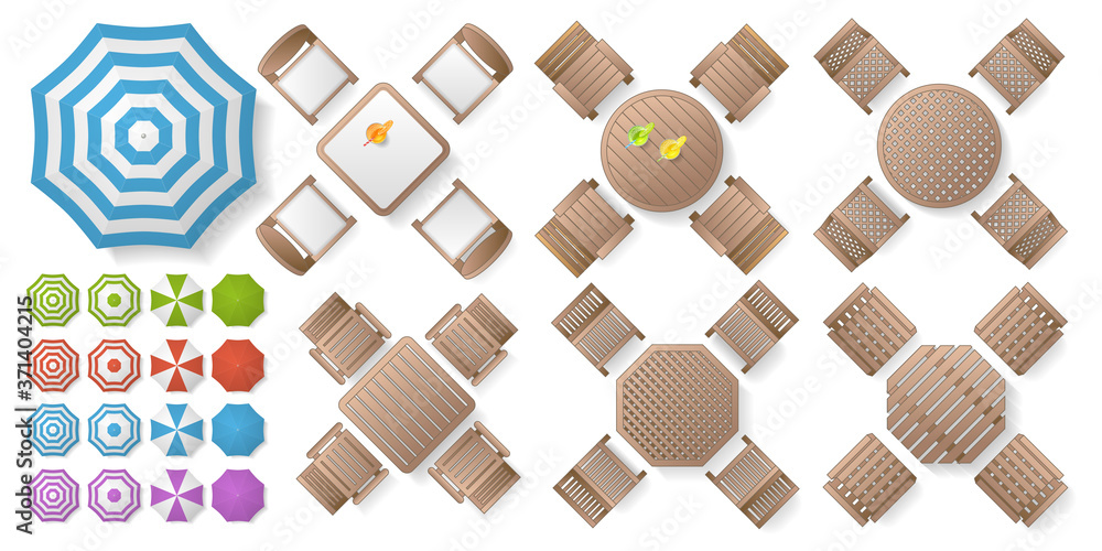 Vector set. Tables with chairs and umbrellas. Top view. Collection of ...