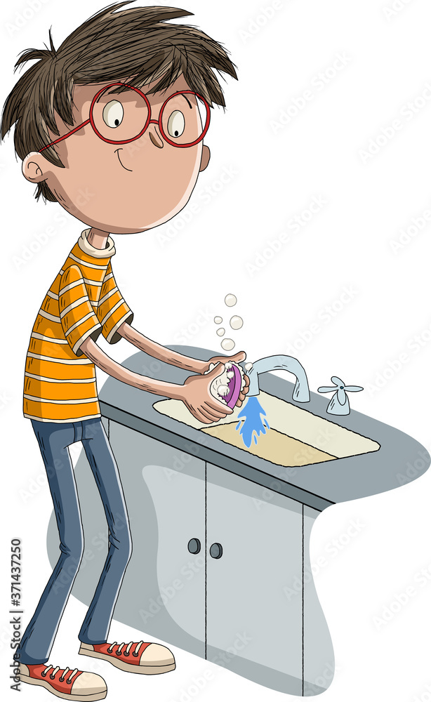 Cartoon boy washing hands in the bathroom sink Stock Vector | Adobe Stock