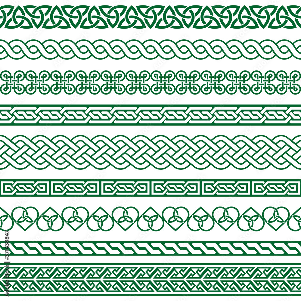 Celtic vector seamless border pattern collection in green, Irish braided frame designs for ...