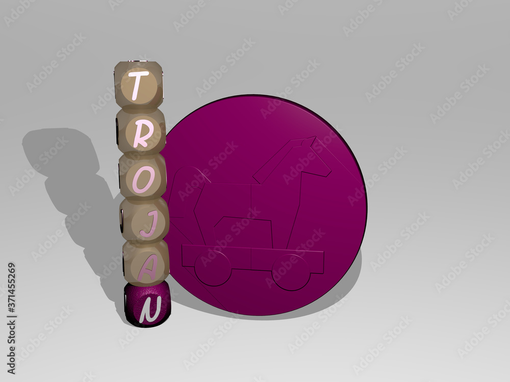 3D representation of TROJAN with icon on the wall and text arranged by ...