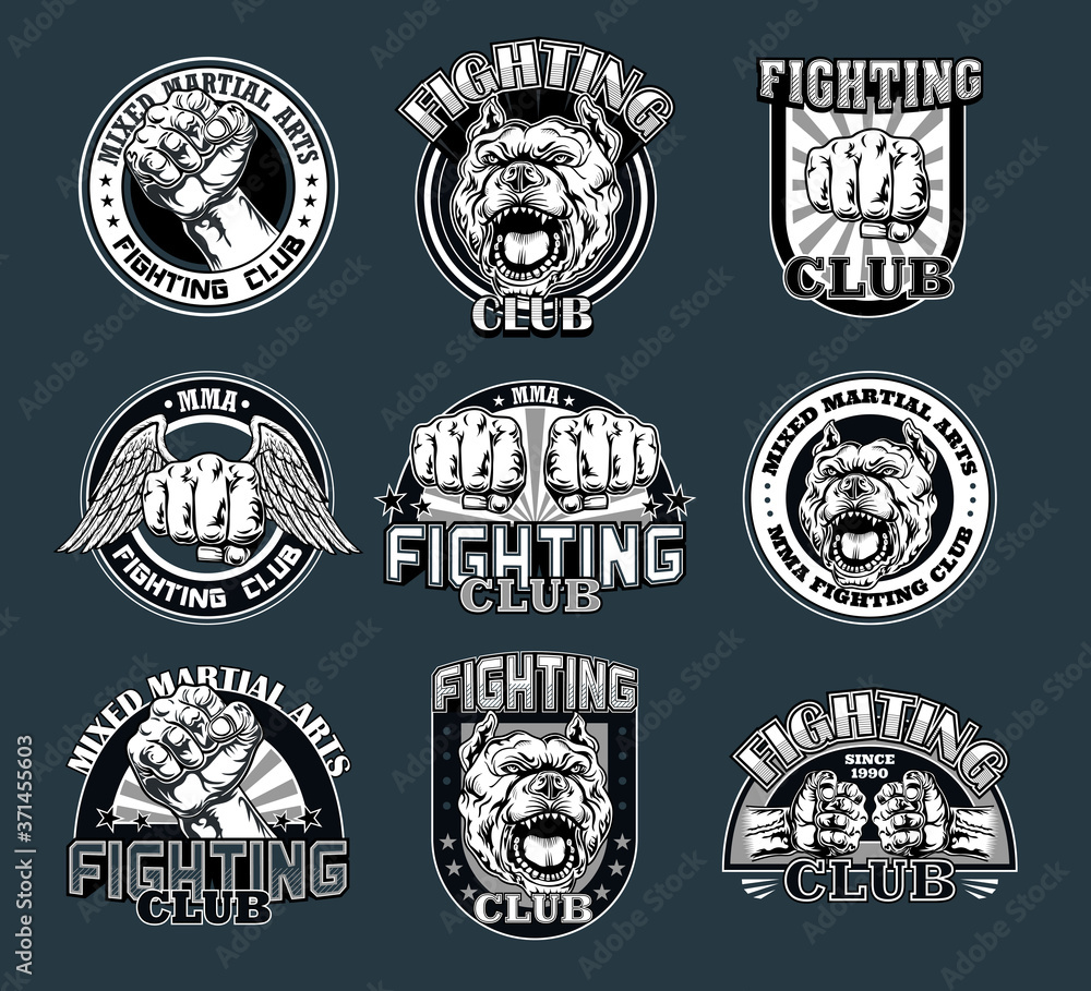 Fight club with fist flat labels set. Boxing and fighting club logo ...