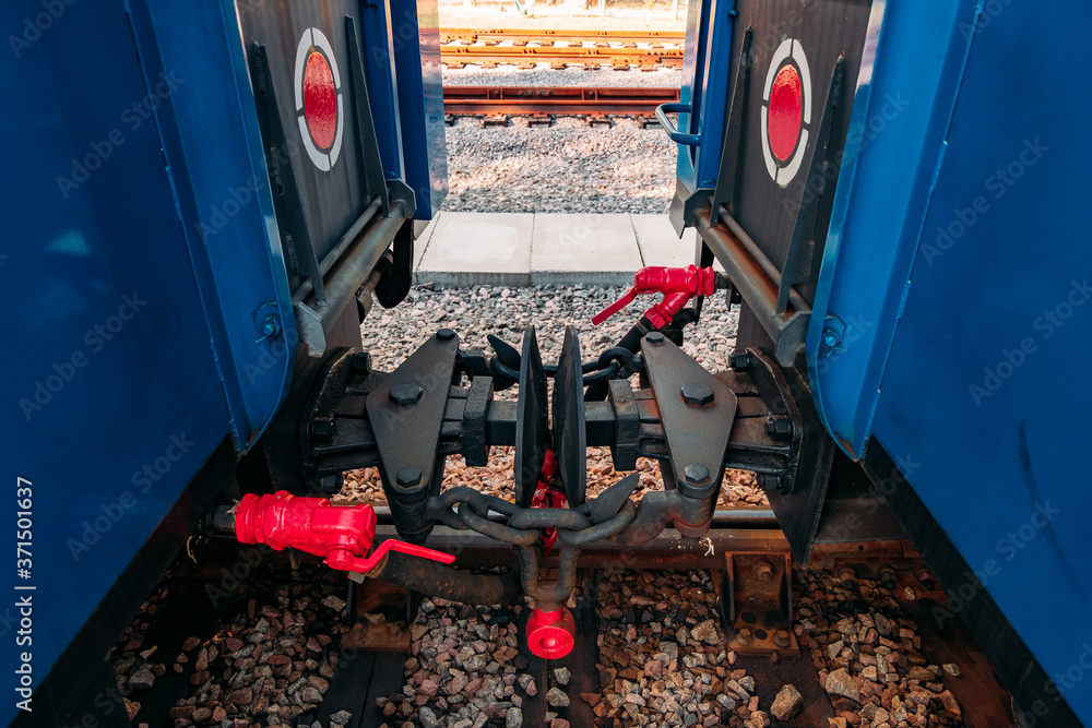 Coupling between two train carriages in narrow-gauge railway Stock ...