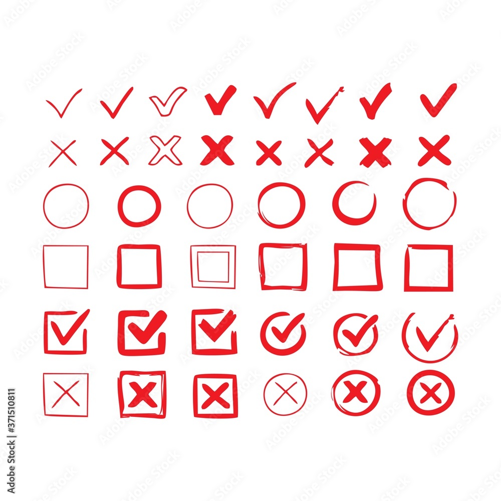 Red Doodle check marks. hand drawn checkbox examination mark and ...