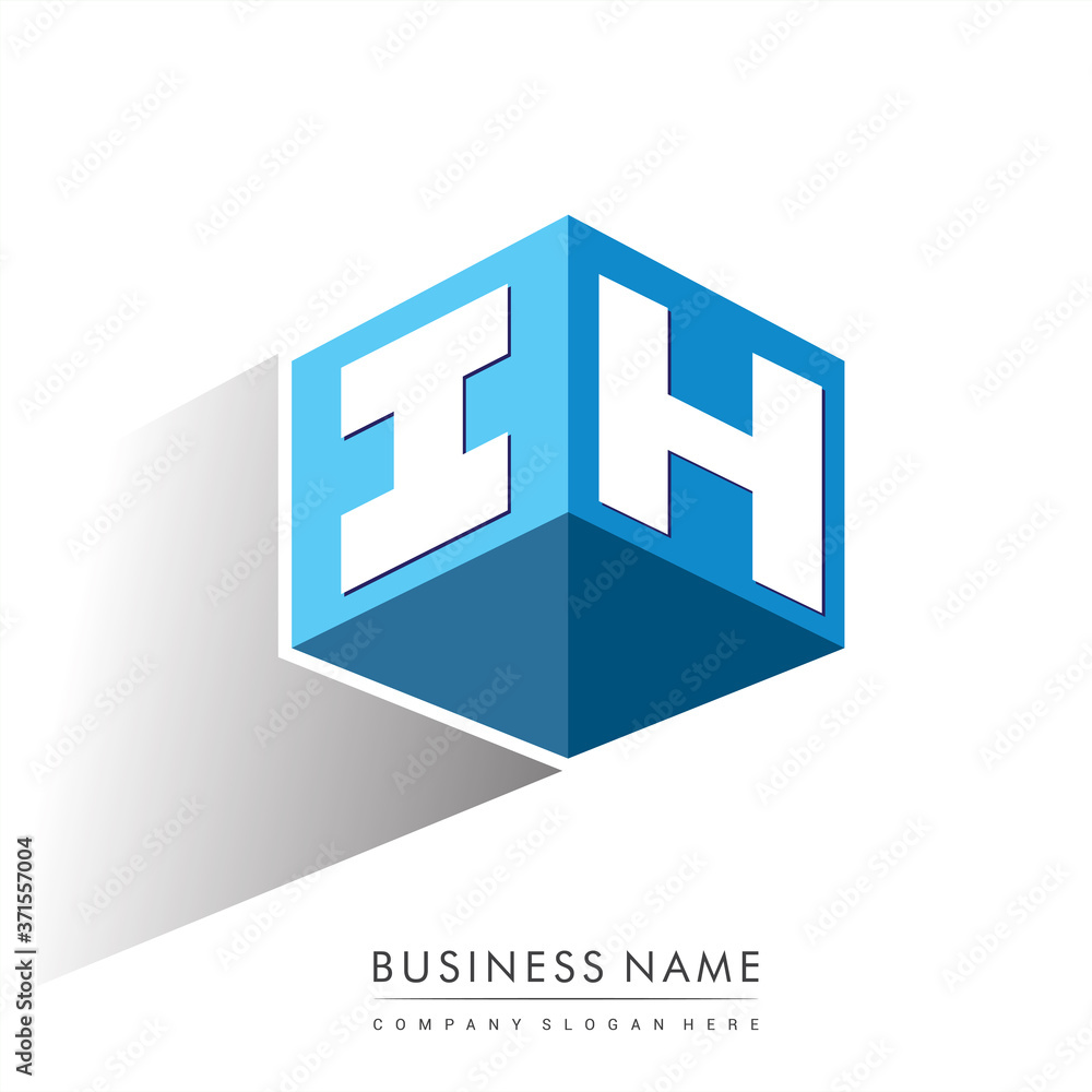 Letter IH logo in hexagon shape and blue background, cube logo with ...