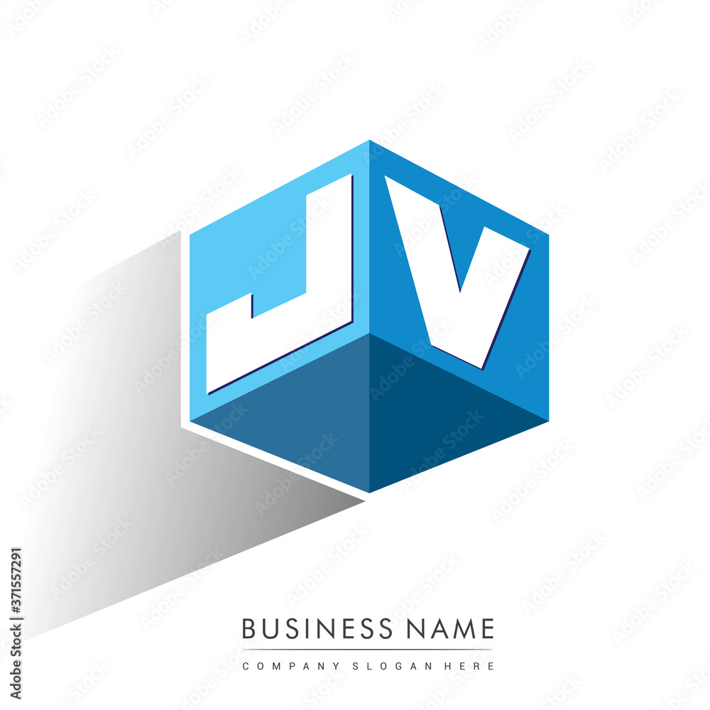 Letter JV logo in hexagon shape and blue background, cube logo with ...