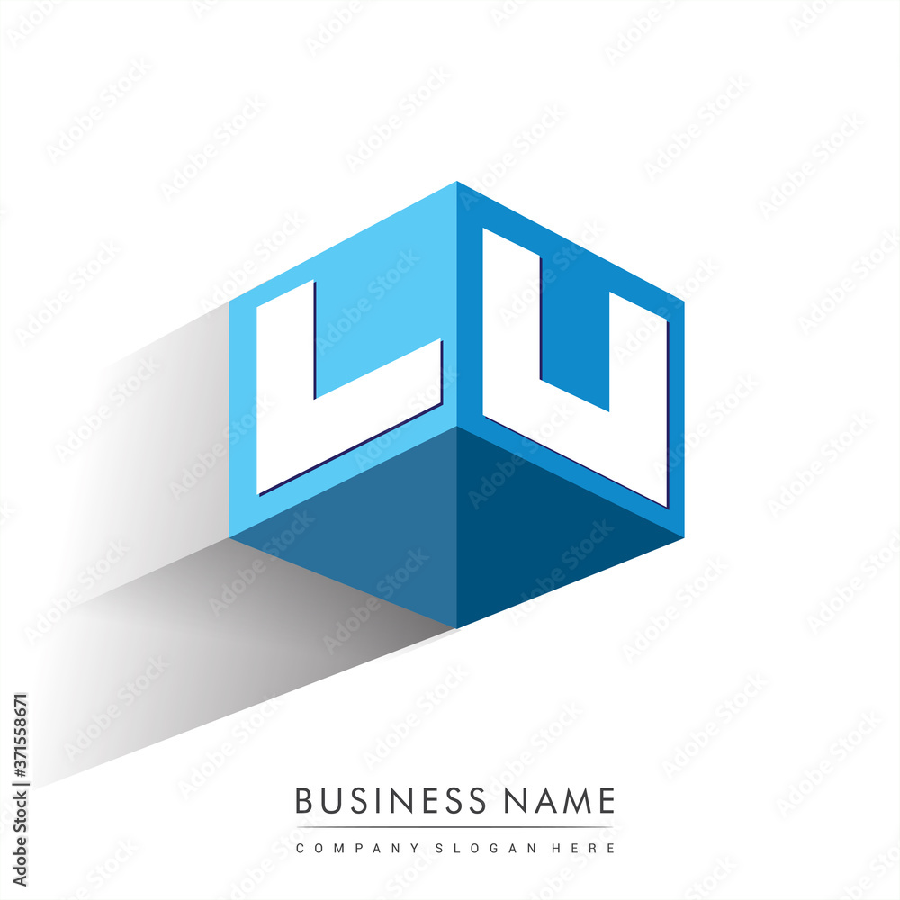 Letter LU logo in hexagon shape and blue background, cube logo with ...