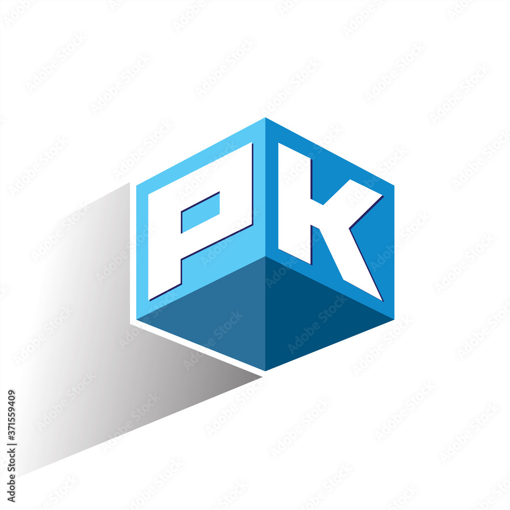 Letter PK logo in hexagon shape and blue background, cube logo with ...