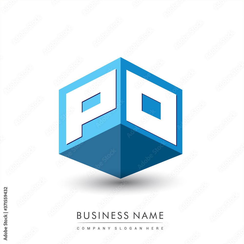 Letter PO logo in hexagon shape and blue background, cube logo with ...