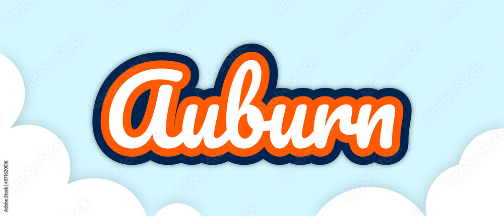 "Auburn", big bold stroke text in football colours, floating in sky ...