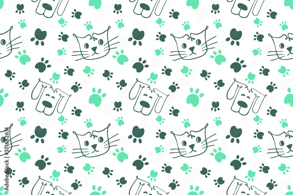 seamless pattern cute pets, dogs and cats paws wallpaper, line art ...