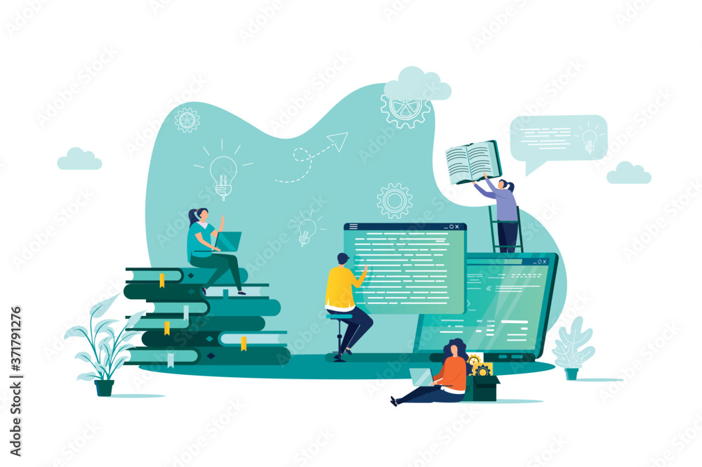 Online studying concept in flat style. Students learning online scene ...