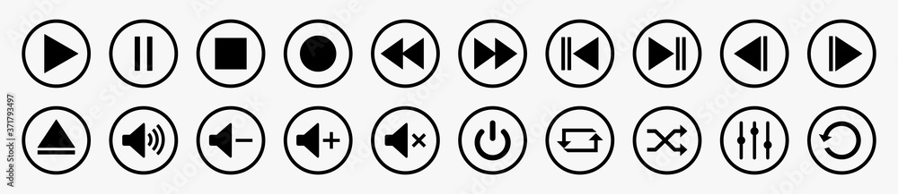 Media player control icon set, multimedia symbols and audio – stock ...