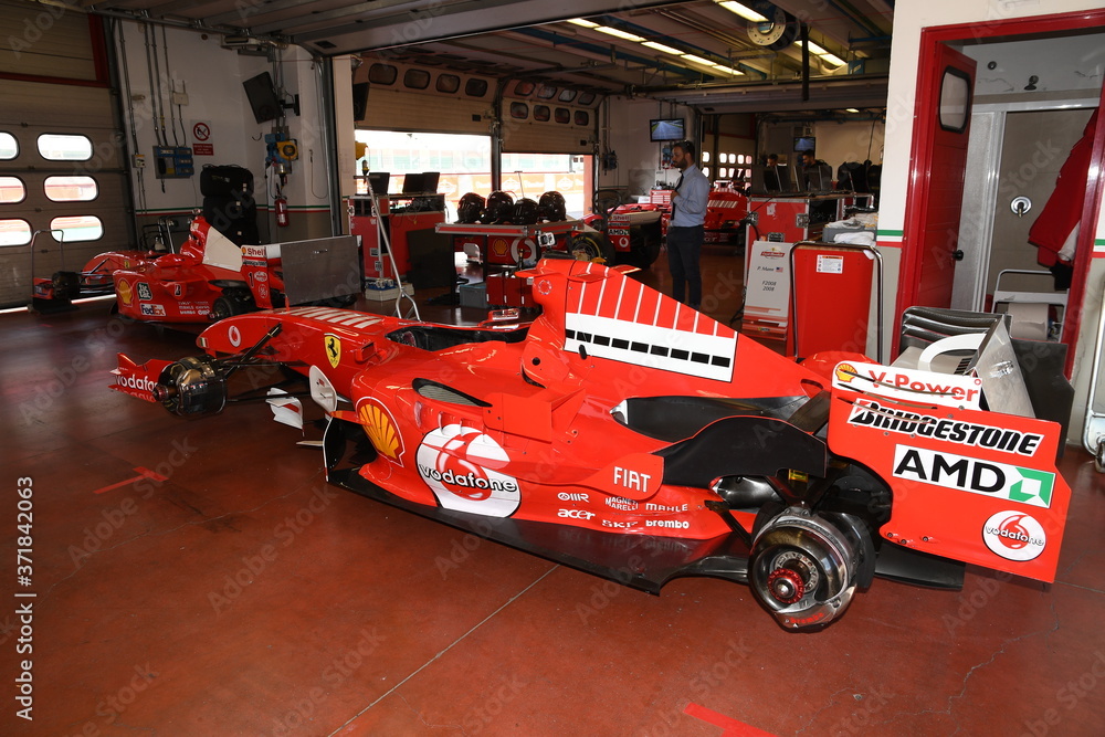 MUGELLO, IT, October 2017: Detail of Ferrari F1 on display at Mugello Circuit in italy during ...