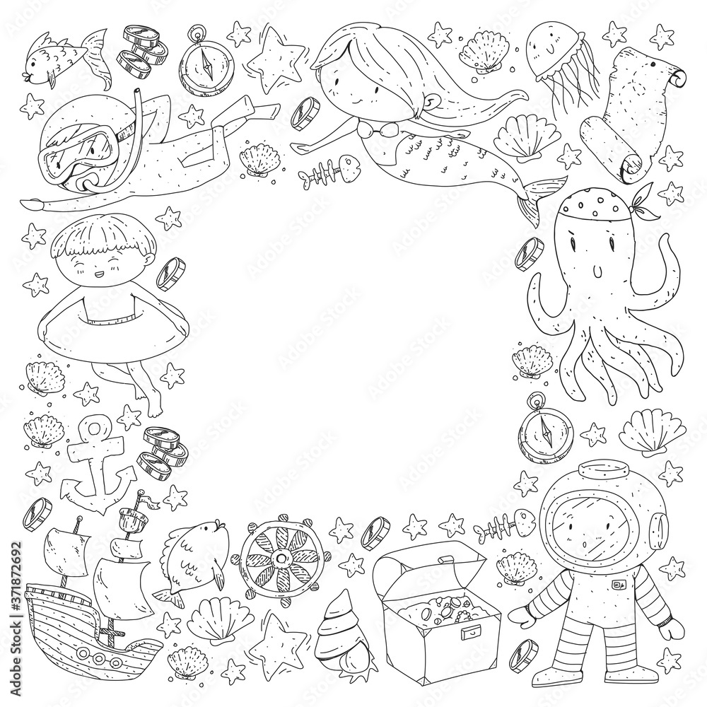 Vector icons of sea ocean adventure for little children. Nautical ...