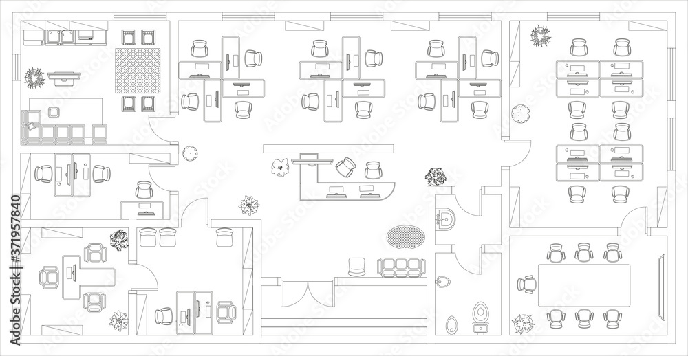 Office. Top view. Working space. Office room, meeting room, reception ...