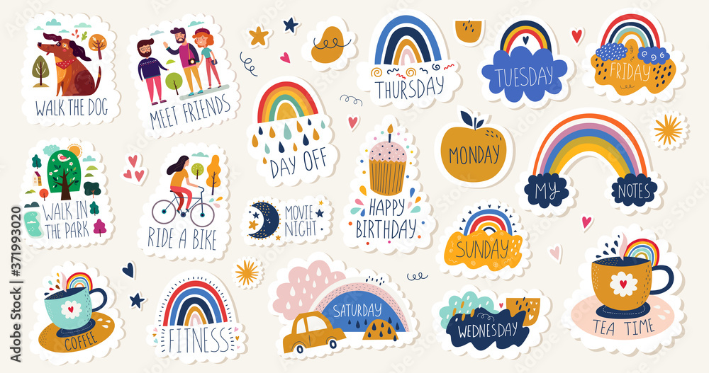 Digital vector planner cute stickers isolated. Every day digital ...