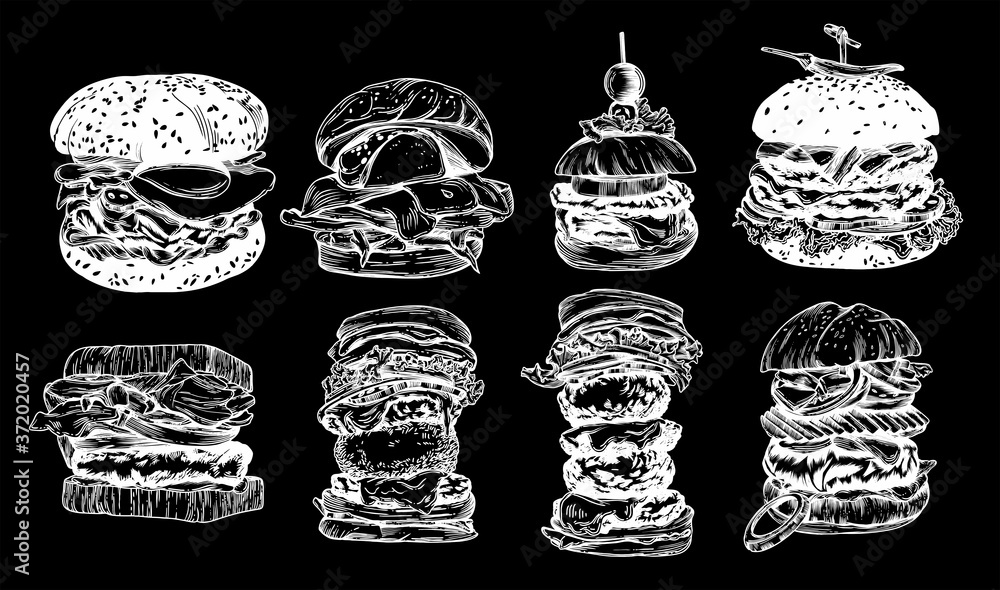 Raster Illustration of different burgers. With detailed black-and-white ...