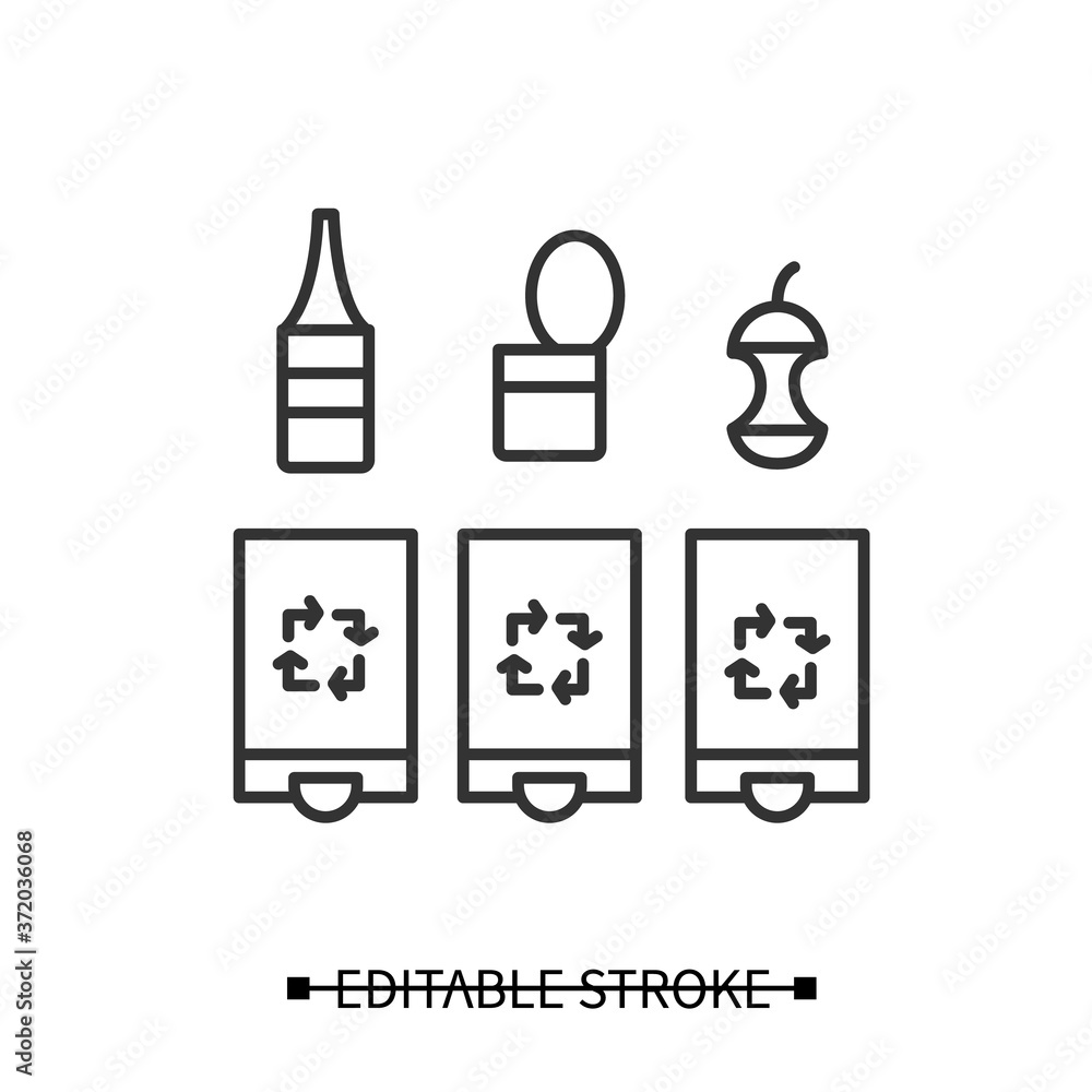 Waste sorting icon. Recyclable materials with labeled trash containers ...