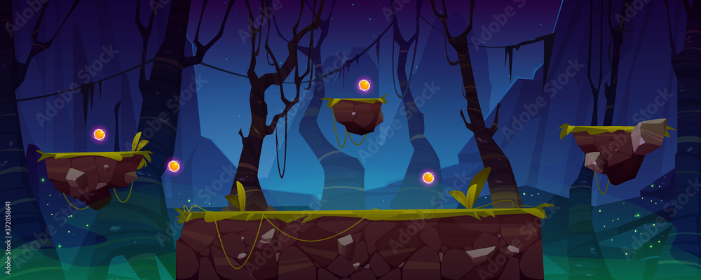 Game level background with platforms and items. Vector cartoon ...