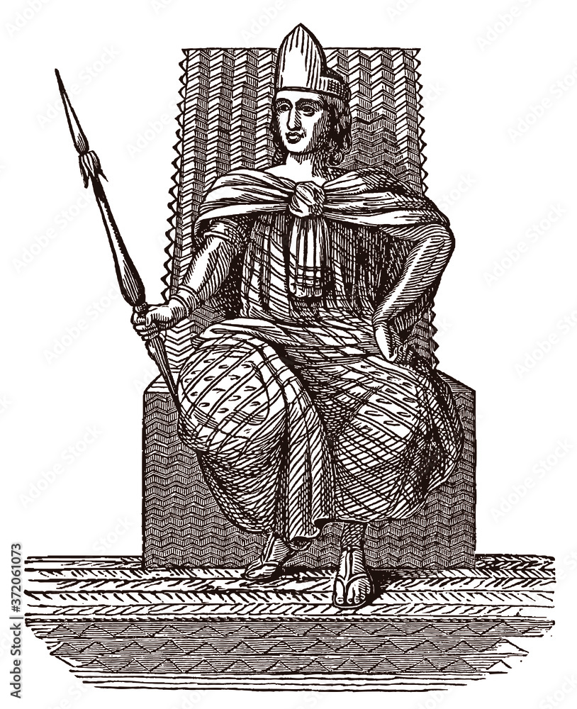 Montezuma II, historic Aztec ruler of Tenochtitlan sitting on throne and holding spear ...