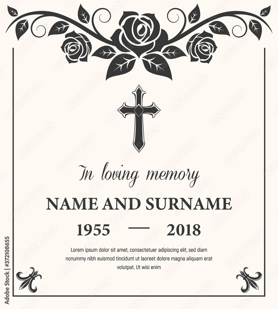Funeral card vector template, condolence flower ornament with cross ...