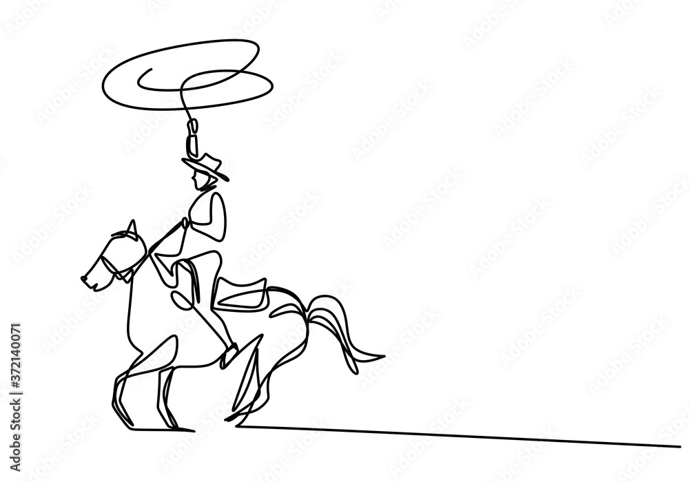 One continuous drawing line young man with a cowboy hat riding a horse ...