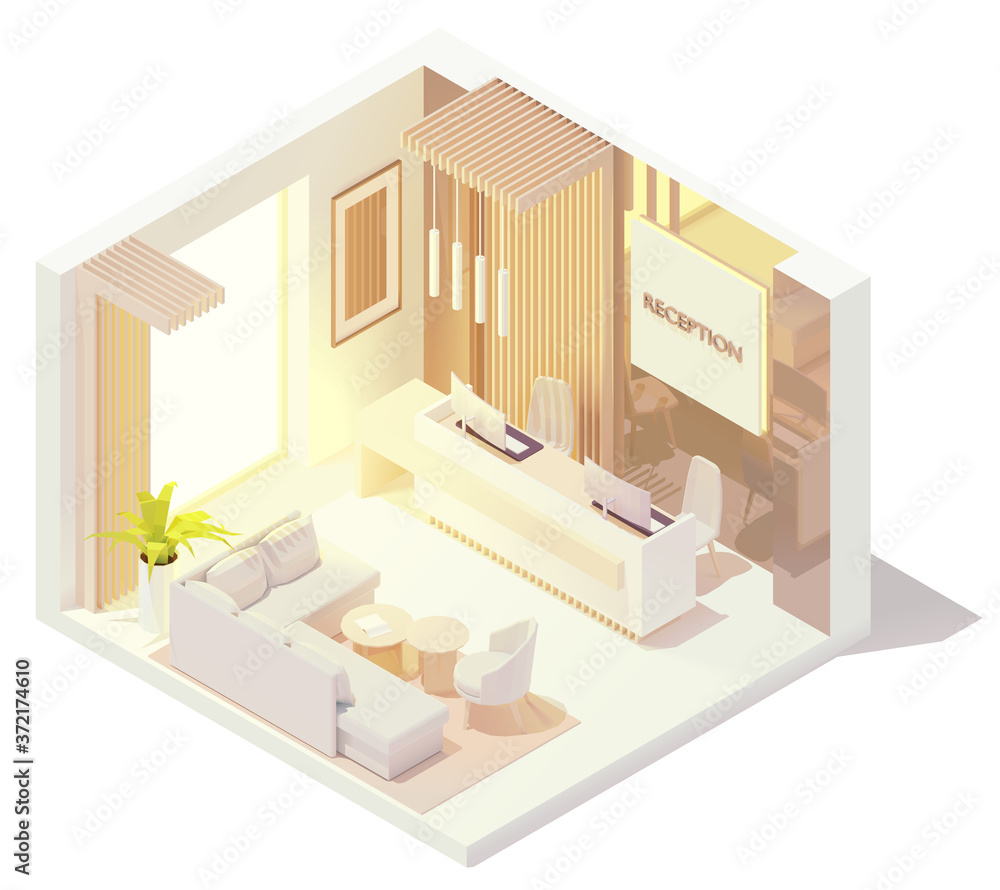 Vector isometric office or hotel lobby front desk or reception desk ...