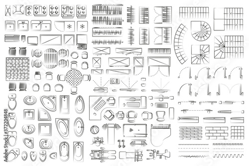 Architectural elements and furniture for the floor plan. Top view ...
