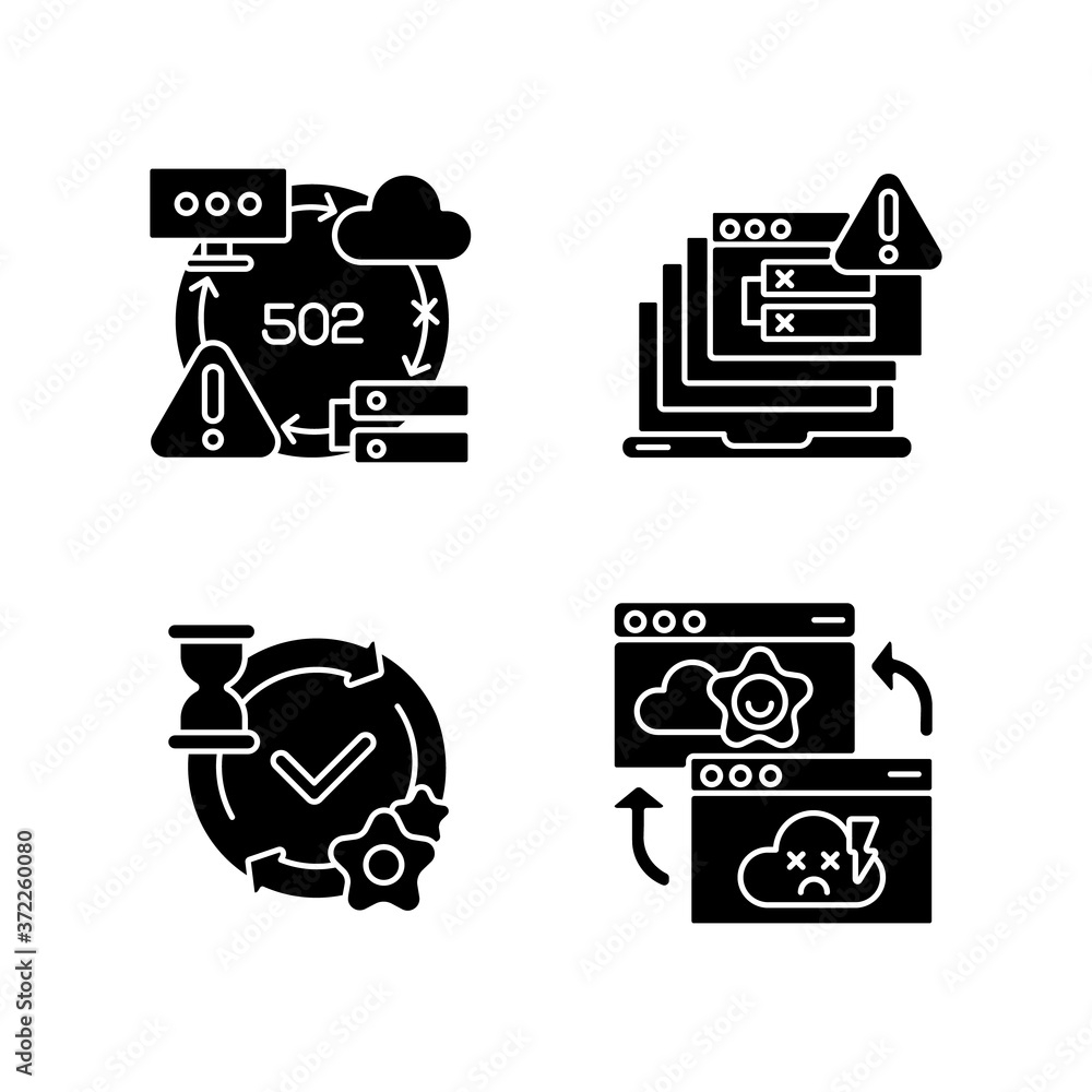 Network notifications black glyph icons set on white space. 502 bad ...
