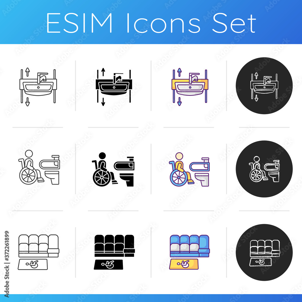 Public facilities for disabled people icons set. Adjustable height sink ...