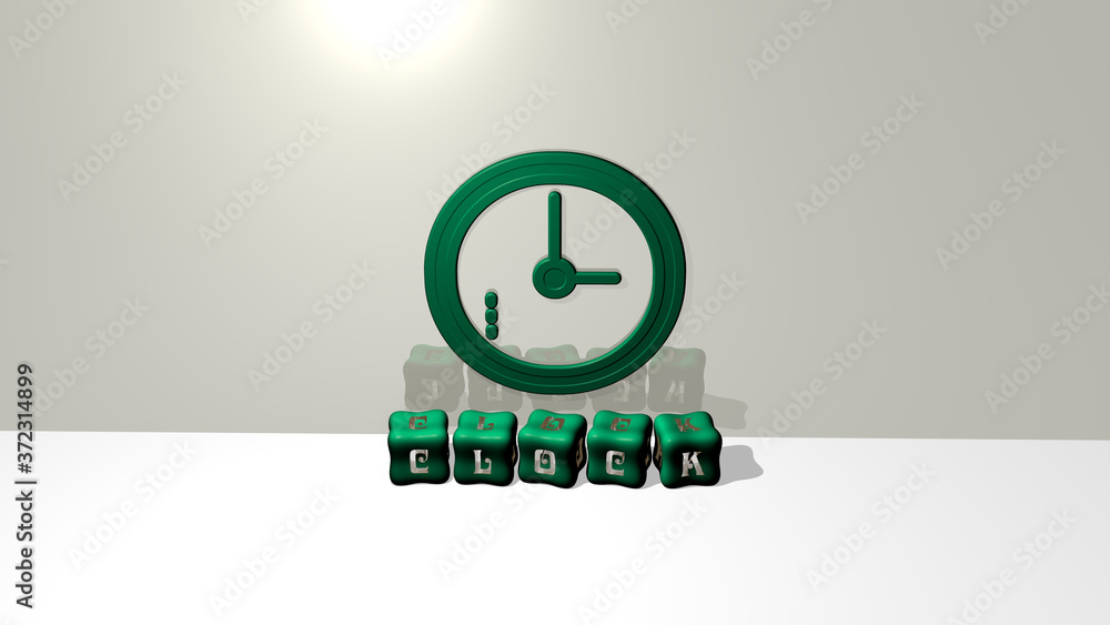 3D illustration of CLOCK graphics and text made by metallic dice ...