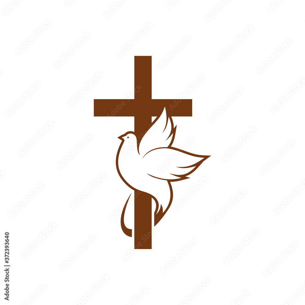 Dove on peace and cross isolated religion symbol. Vector holy spirit ...