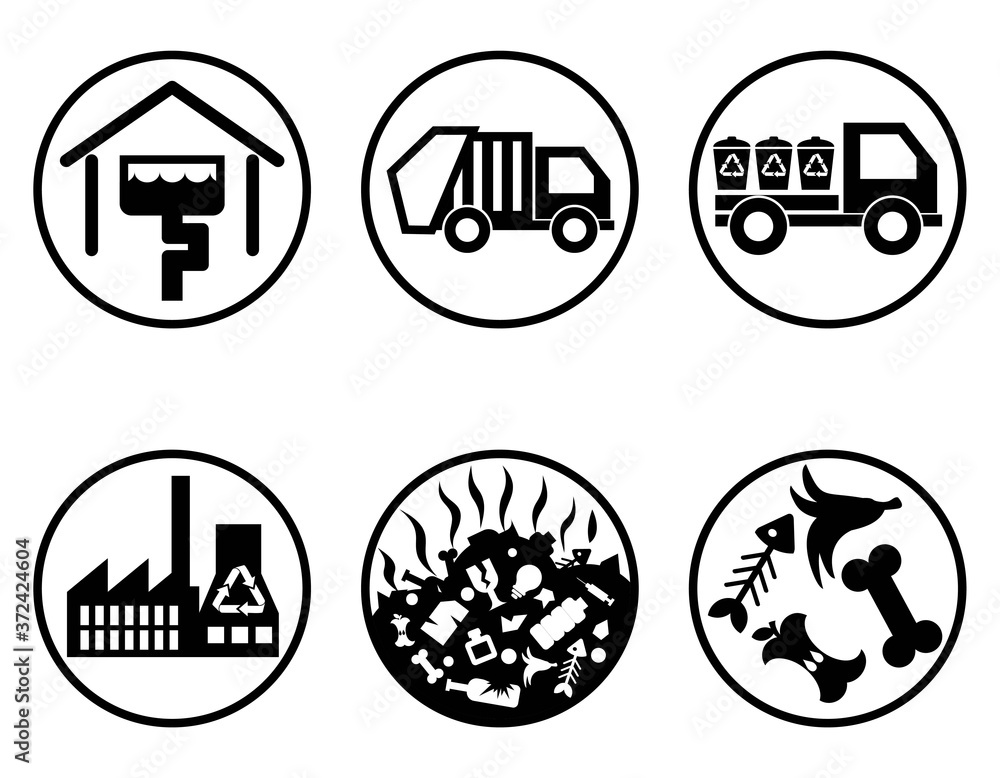 Garbage collection and recycling icons. Set of simple round vector ...
