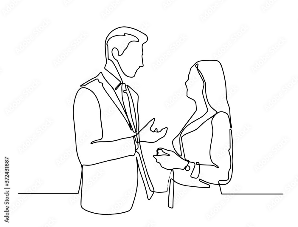 Continuous line drawing of two colleagues standing and talking ...
