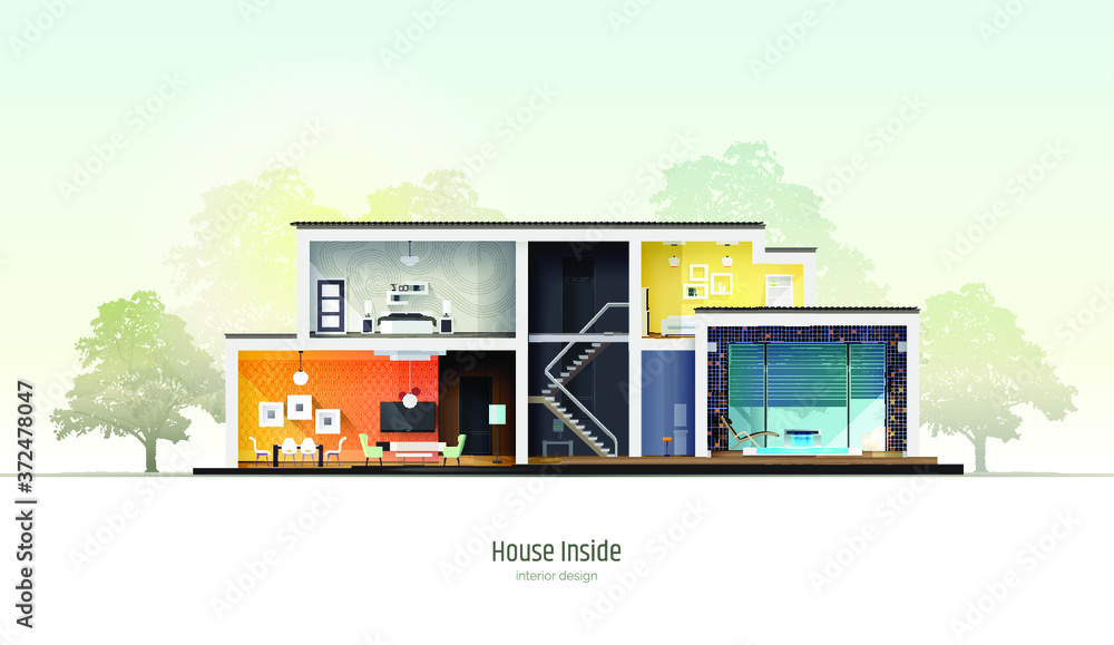 House in cross-section. Modern loft style house, villa, cottage ...