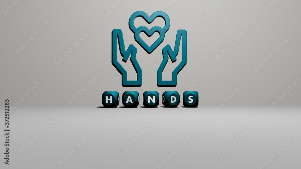 hands 3D icon on the wall and text of cubic alphabets on the floor, 3D ...