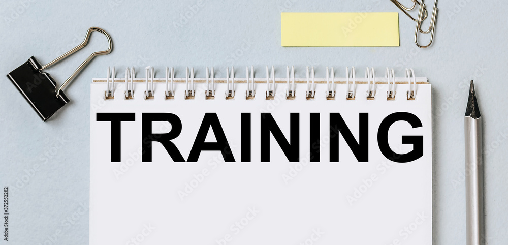 TRAINING. Flat layout of office workplace with stationery. Blank ...