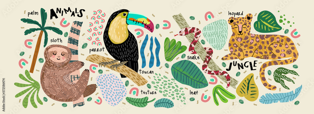 Abstract jungle! Vector illustrations of animals (sloth, snake, leopard ...
