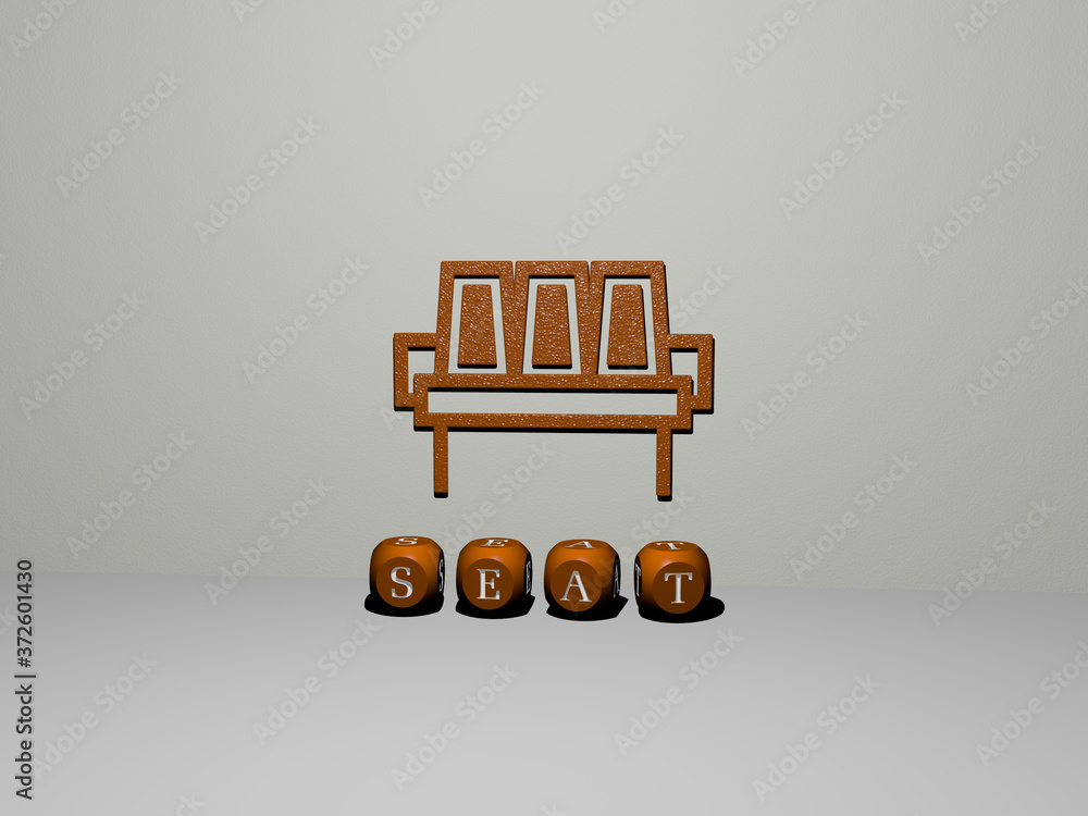 3D representation of seat with icon on the wall and text arranged by ...