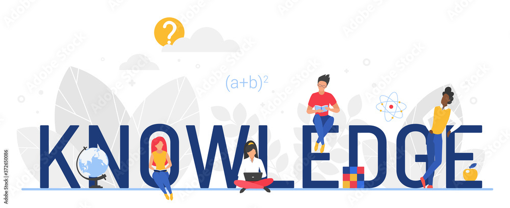Knowledge word vector illustration. Cartoon flat tiny booklovers woman ...