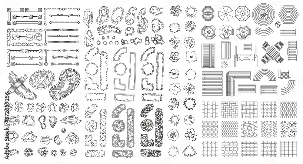 Park elements set. Top view. Collection for landscape design, plan ...