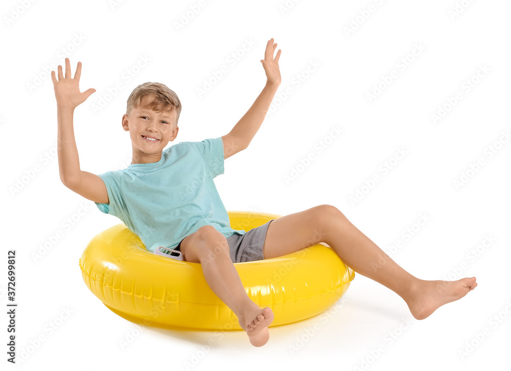 Cute little boy with inflatable ring on white background Stock Photo ...