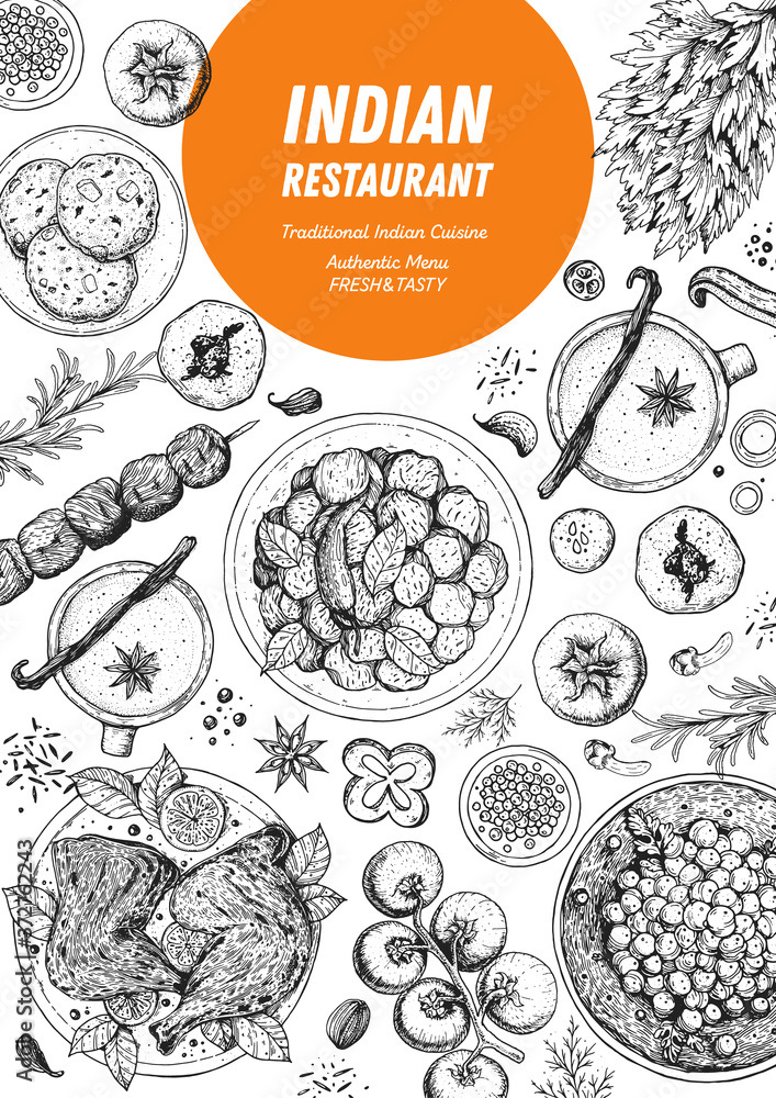 Indian food illustration. Hand drawn sketch. Vector illustration. Menu ...