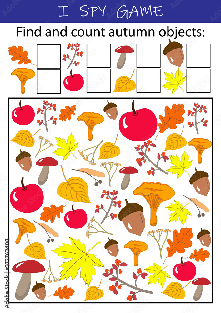 I spy autumn objects - educational game for kids. Math worksheet for ...