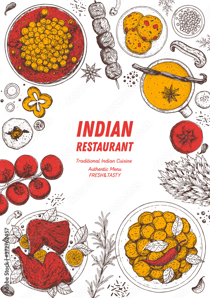 Indian food illustration. Hand drawn sketch. Vector illustration. Menu ...
